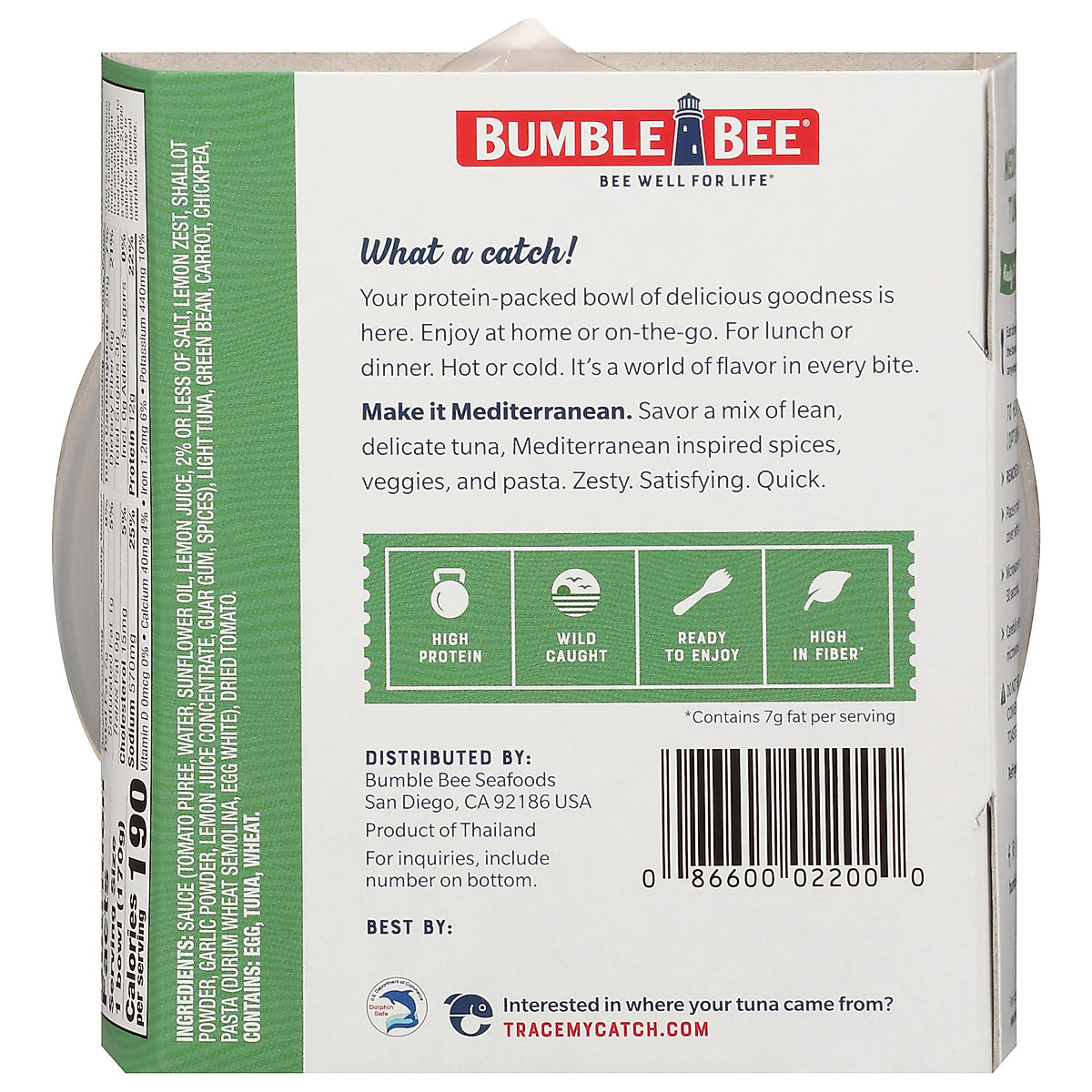 Bumble Bee Quick Catch Mediterranean Pasta, Wild Caught Tuna and Pasta Bowl, 6 oz (Pack of 6) - Ready to Enjoy, Spork Included - 14g Protein per Serving - No Artificial Flavors - Good Source of Fiber