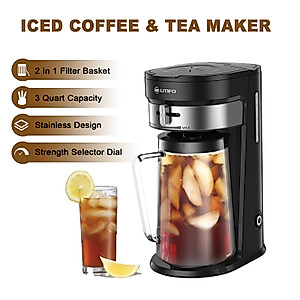 LITIFO Iced Tea Maker and Iced Coffee Maker Brewing System with 2.5-quart Pitcher, sliding strength selector for Taste Customization, Stainless Steel (Black 2.0)