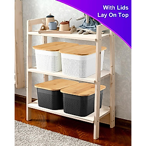 NEATJELAI Storage Bins With Lids 6 Packs Plastic Storage Containers With Bamboo Lids Stackable Storage Baskets for Organizing Desktop Closet Playroom Classroom Office,Black,10.8" L x 7.3" W x 5.1" H