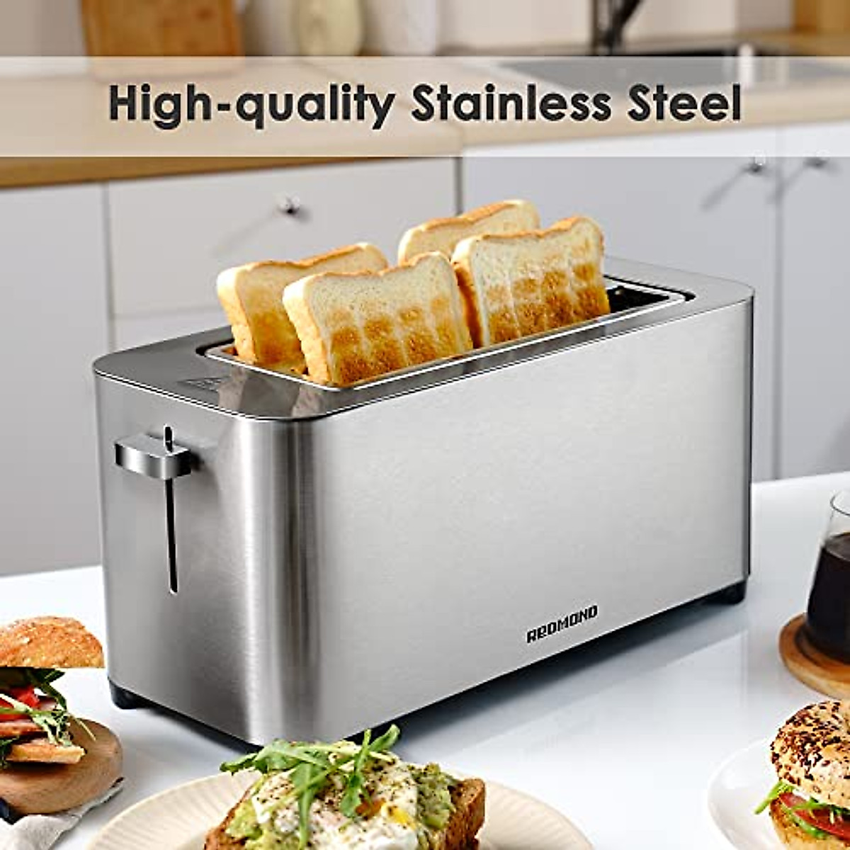 REDMOND Toaster 4 Slice, Stainless Steel Toaster With Bagel, Defrost, Reheat Function, Extra Wide Slots Long Slot Toaster, 6 Bread Shade Settings and Removable Crumb Tray, Silver