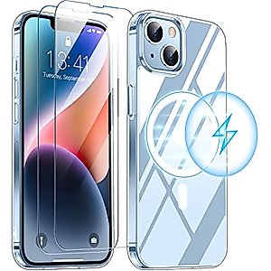 SPIDERCASE Clear Designed for iPhone 14 Case/iPhone 13 Case, Magnetic [2 Pcs Tempered Glass Screen Protector] [Military Grade Drop Protection] Slim Thin Cover