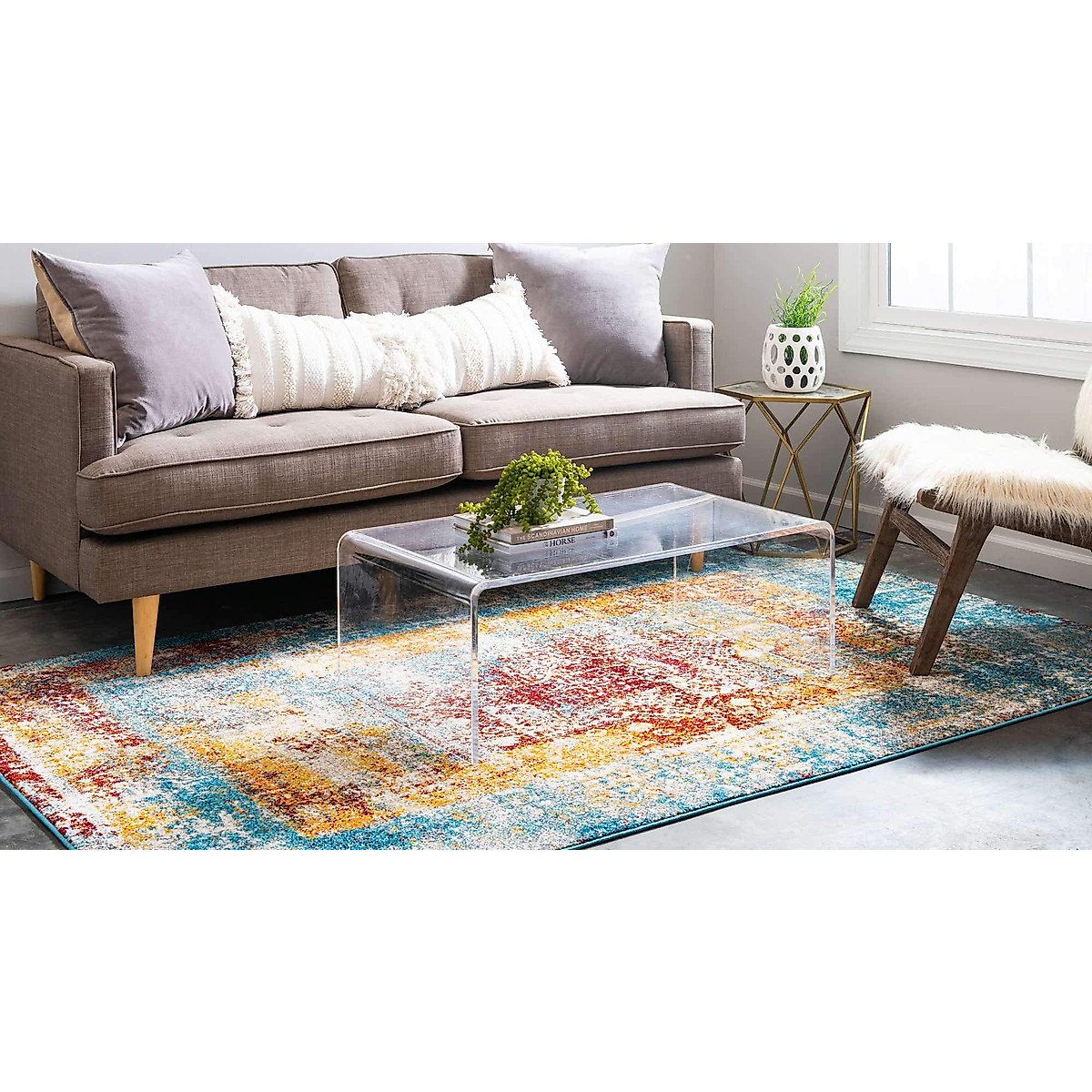 Unique Loom Rosso Collection Traditional, Medallion, Distressed, Bohemian, Vintage, Southwestern Area Rug, 5 ft x 8 ft, Multi/Blue