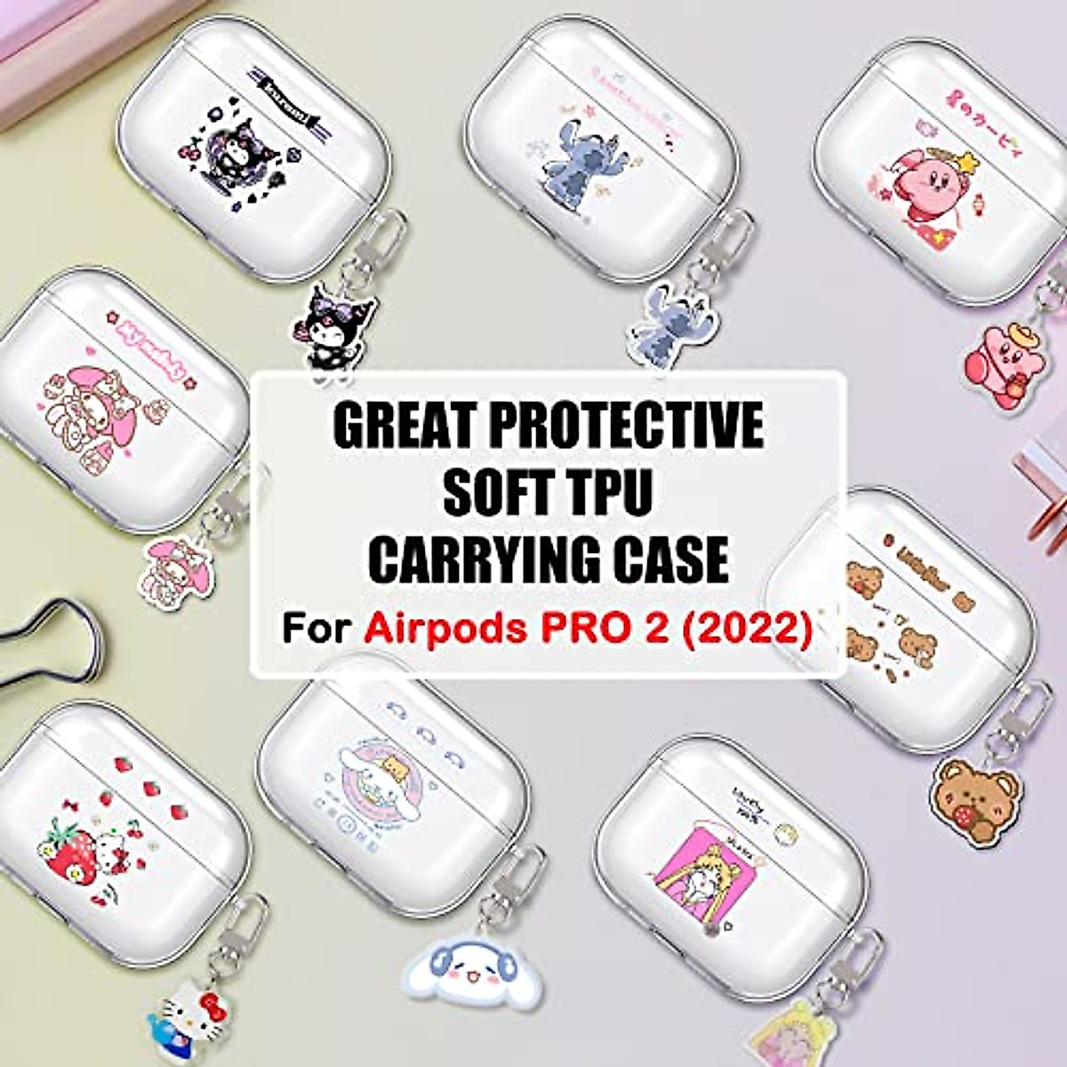 Anime Case Cover for AirPods Pro 2 (2022),Cute Cartoon Pink Bunny Pattern Soft Silicone Shockproof Protective Cover Kawaii Charging Case with Funny Rabbit Keychain for Women Kids