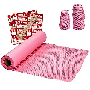 MUNBYN Pink Honeycomb Packing Paper, 15 Inches x 120 Feet Packing Glass Paper, Bubble Wrap for Dishes and Plates, Packing, Moving, with 16 Fragile Stickers and 100ft Twine