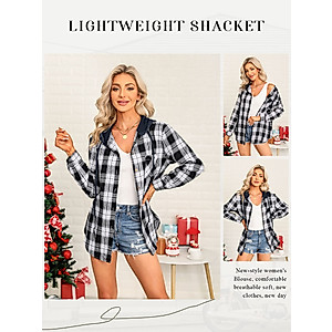 Ezcosplay Women Shacket Flannel Plaid Tops Long Sleeve Plaid Blouse Hood Button Down Casual Shirt Coat