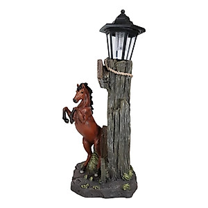Ebros Large Rustic Country Western Rearing Chestnut Horse by Farm Outpost with Welcome Sign Statue Equipped with Solar LED Lantern Light Stallion Horses Decor Figurine for Patio Poolside Garden Home