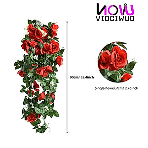 VIOCIWUO 2PCS Artificial Rose Vine Flowers, Fake Garland Plant Hanging Silk Rose Vine for Wall Home Balcony Garden Wedding Indoor Outdoor Decoration(Red, 35.4 Inch)