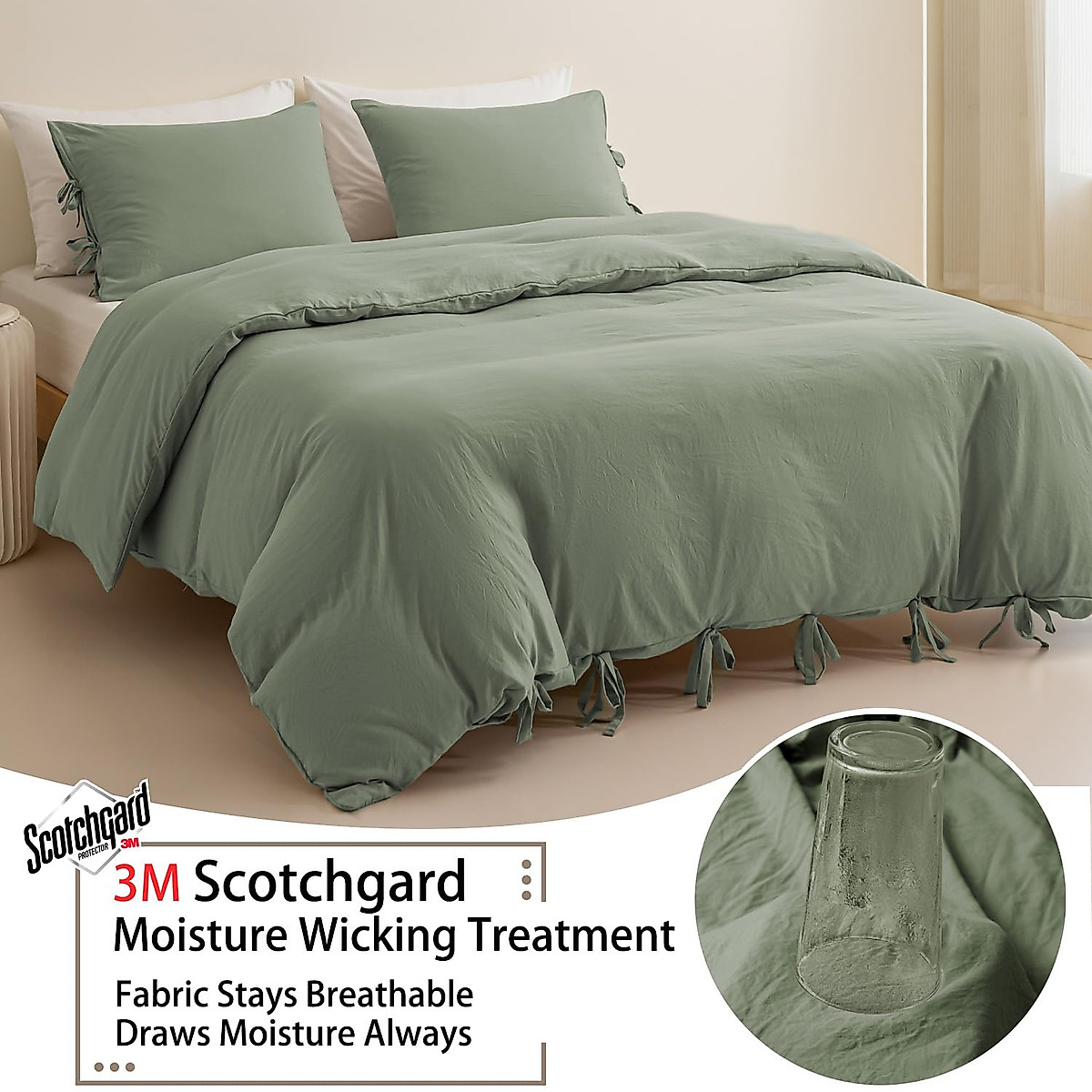 MUKKA Sage Green Duvet Cover Set Queen Size with Bowknot Closure 3 Pieces Washed Microfiber Duvets Set Boho Style for Girl Men Women