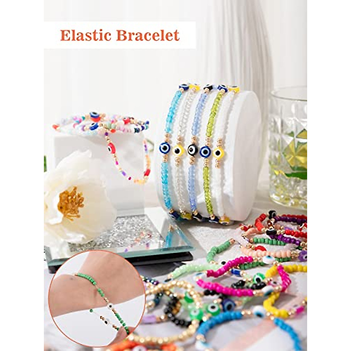 24 Pcs Beaded Evil Luck Eye Bracelets- Elastic Handmade Protection Bracelet Durable Mexican Bracelets Delicate Mal De Ojo Bracelets Evil Luck Eye Jewelry for Women Men Lucky Gift (Random Color)