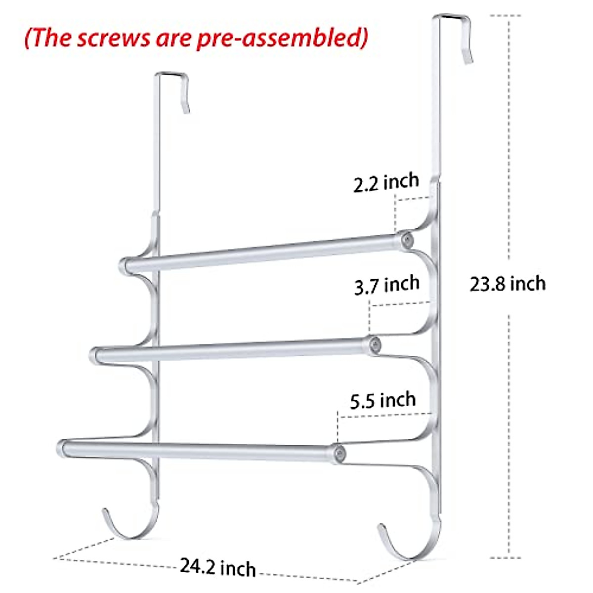 CANYAVE Over The Door Towel Rack, Triple Towel Storage Holder with Hooks, 23.62 Inches Towel Bar Hanger Towel Racks for Bathroom (Silver)