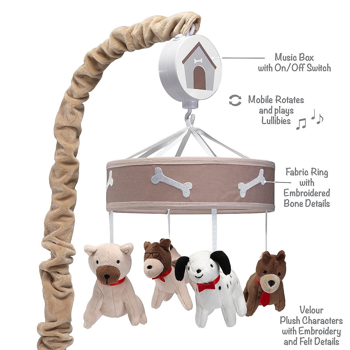 Lambs & Ivy Bow Wow Beige Dogs/Puppies Musical Baby Crib Mobile Soother Toy