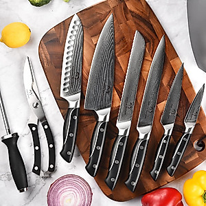 Damascus Kitchen Knife Set, 9 Pieces with Block, Non-slip Handle, Knife Sharpener and Shears, Wooden Grey