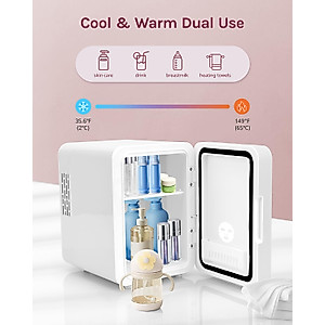 FETIONS Mini Skincare Fridge with Adjustable LED Make Up Mirror, Portable Refrigerator 4L/6 Can Cooler & Warmer, Compact for Skincare,Food and Drinks, Small Fridge for Bedroom,Dorm,Car,Office, White