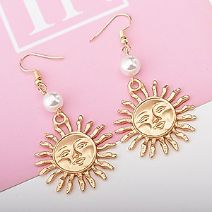 Sterling Silver & Gold Plated 14k Emoji Smile Face Big Sun Charm With Pearl Women Dangle Earrings (Gold)