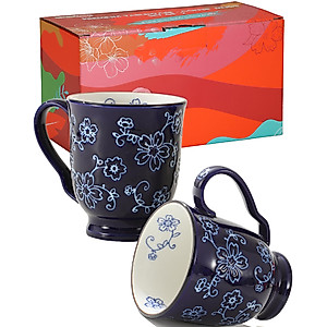 KUNABOO Artisanal Ceramic Mugs, Ceramic Coffee Cups, Coffee Mug Set of 2-11 oz -Sakura Floral Series Midnight Blue - Ready to Wrap Gift
