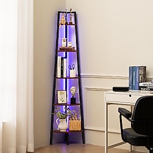 Yoobure Corner Shelf Stand, 5-Tier Corner Bookshelf with LED Light Corner Shelves for Bedroom, Tall Corner Book Shelf with Steel Frame Corner Bookcase Book Shelves Display Shelf for Living Room Office