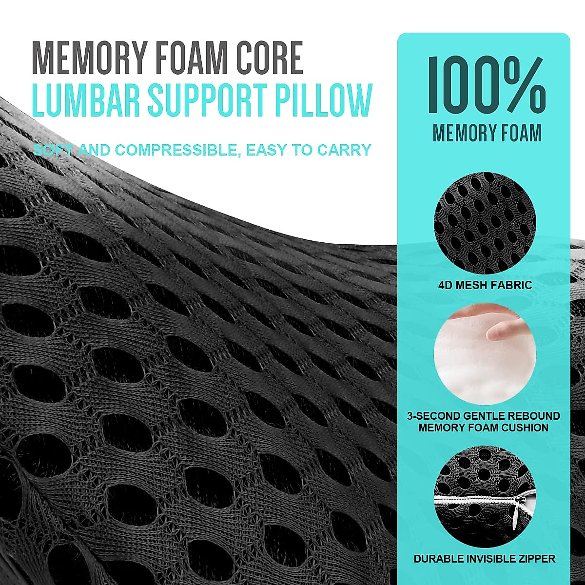 Tengyue Lumbar Support Pillow - Ergonomic Design for Office Chair, Car, and Home - Relieve Back Pain & Improve Posture - (Black)