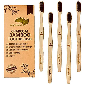 ECOFWORLD Soft Charcoal Bamboo Toothbrush - Natural Wooden Organic | USDA Certified Eco-Friendly | Extra Soft BPA Free Bristles Biodegradable | Individually Packed (Adults - 5 Pack)