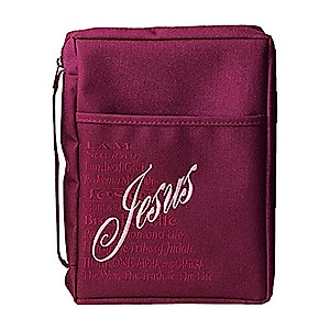Burgundy Jesus Embroidered Polyester Bible Cover Case with Handle, X-Large