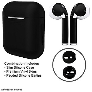 AirPod Skins, Silicone Charging Case Cover, Eartips Bundle (Matte Black)
