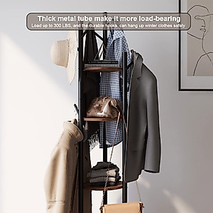 Espelism Rotary Coat Rack Freestanding Metal Coat Hall Tree Stand with 4 Tiers Storage Display Shelf and 9 Hooks for Entryway Bedroom Corner Office Garment Clothes Holder (Brown)