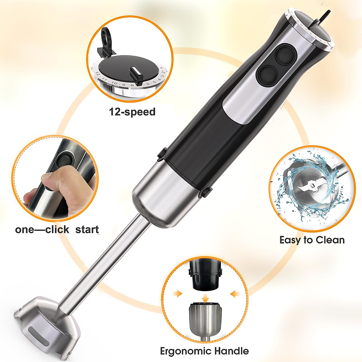 ZJRC Immersion Hand Blender, 1000w,12 Speed &Turbo Mode, 5-in-1 Copper Motor Immersion Blender,Stainless Steel Handhled Blender with 500ml Chopper,600ml Mixing Beaker,Milk Frother,Whisk (black)