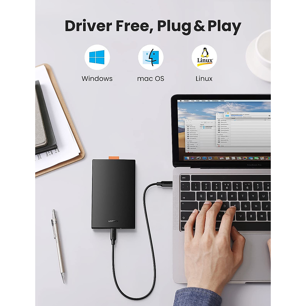 UGREEN USB C Hard Drive Enclosure USB C 3.1 Gen 2 to SATA Adapter for 2.5" SATA SSD HDD 6Gbps High-Speed Support UASP SATA III Compatible with MacBook Pro Air WD Seagate Toshiba Samsung Hitachi