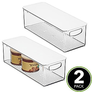 mDesign Slim Plastic Storage Bin Box Container with Lid and Built-In Handles - Organization for Fruit, Snacks, or Food in Kitchen Pantry, Cabinet, Counter, or Cupboard, 2 Pack, Clear/White