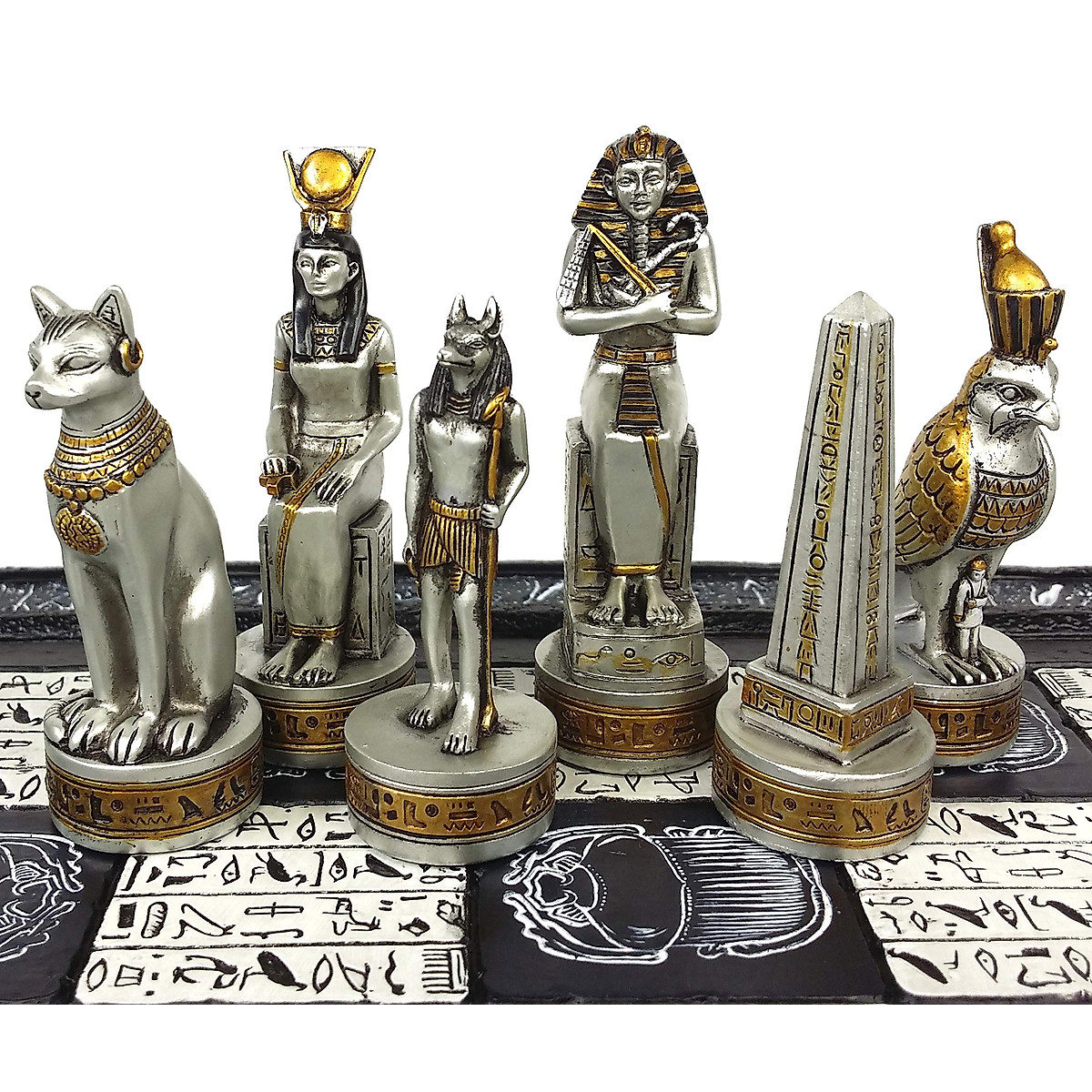 Egyptian Anubis Black and Silver Chess Men Set with Gold Accents - NO Board