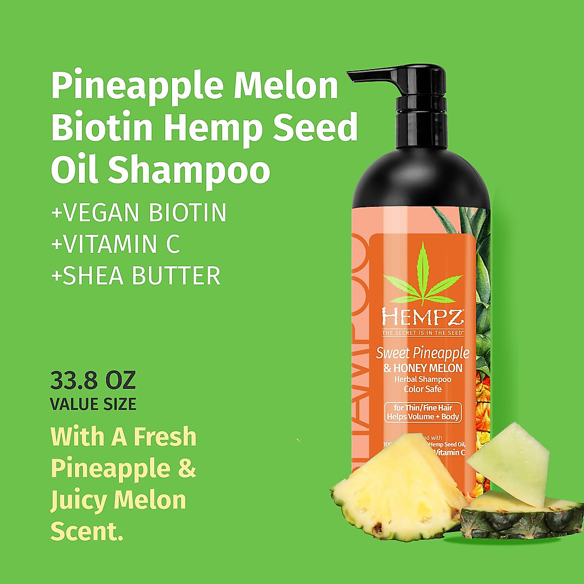 Hempz Biotin Hair Shampoo - Sweet Pineapple & Honey Melon - For Thin/Fine Hair Growth & Strengthening of Dry, Damaged and Color Treated Hair, Hydrating, Softening, Moisturizing - 33.8 Fl OZ