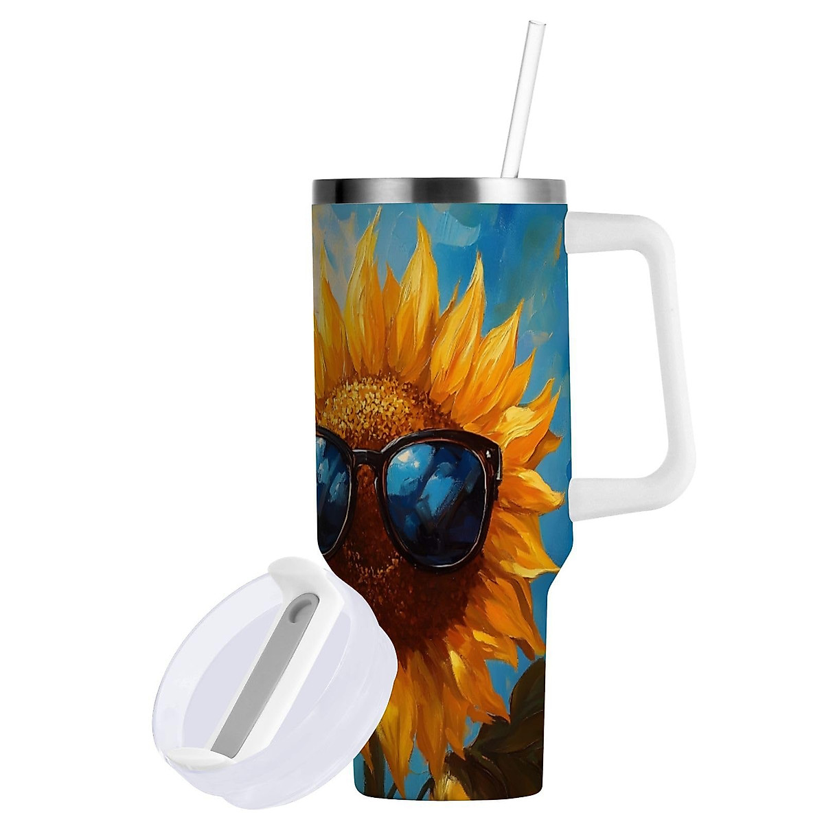 Jihqo Funny Sunflower in Sunglasses 40 oz Stainless Steel Vacuum Insulated Tumbler with Handle and Straw Lid, Leakproof Water Bottle Double Wall Travel Mug Coffee Cup, Cupholder Friendly