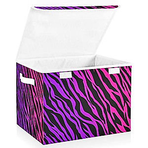 xigua Zebra Print Wallpaper Storage Bins with Lids Foldable Large Cube Storage Boxes with Handles for Home Bedroom Closet Office (16.5x12.6x11.8 in)