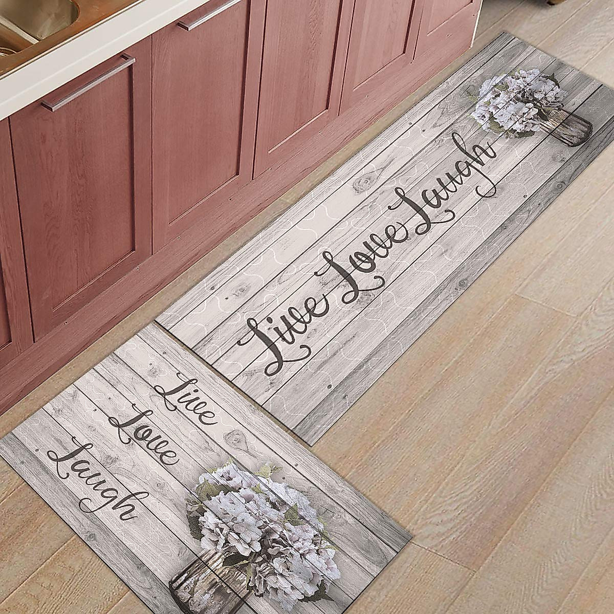 SODIKA Kitchen Rugs and Mats Non Slip Anti Fatigue Machine Washable 2 Pieces Rug Set Kitchen Mats for Floor,Live Love Laugh Vintage Hydrangea Flowers on Wooden Plank (15.7"x23.6"+15.7"x47.2" inches)
