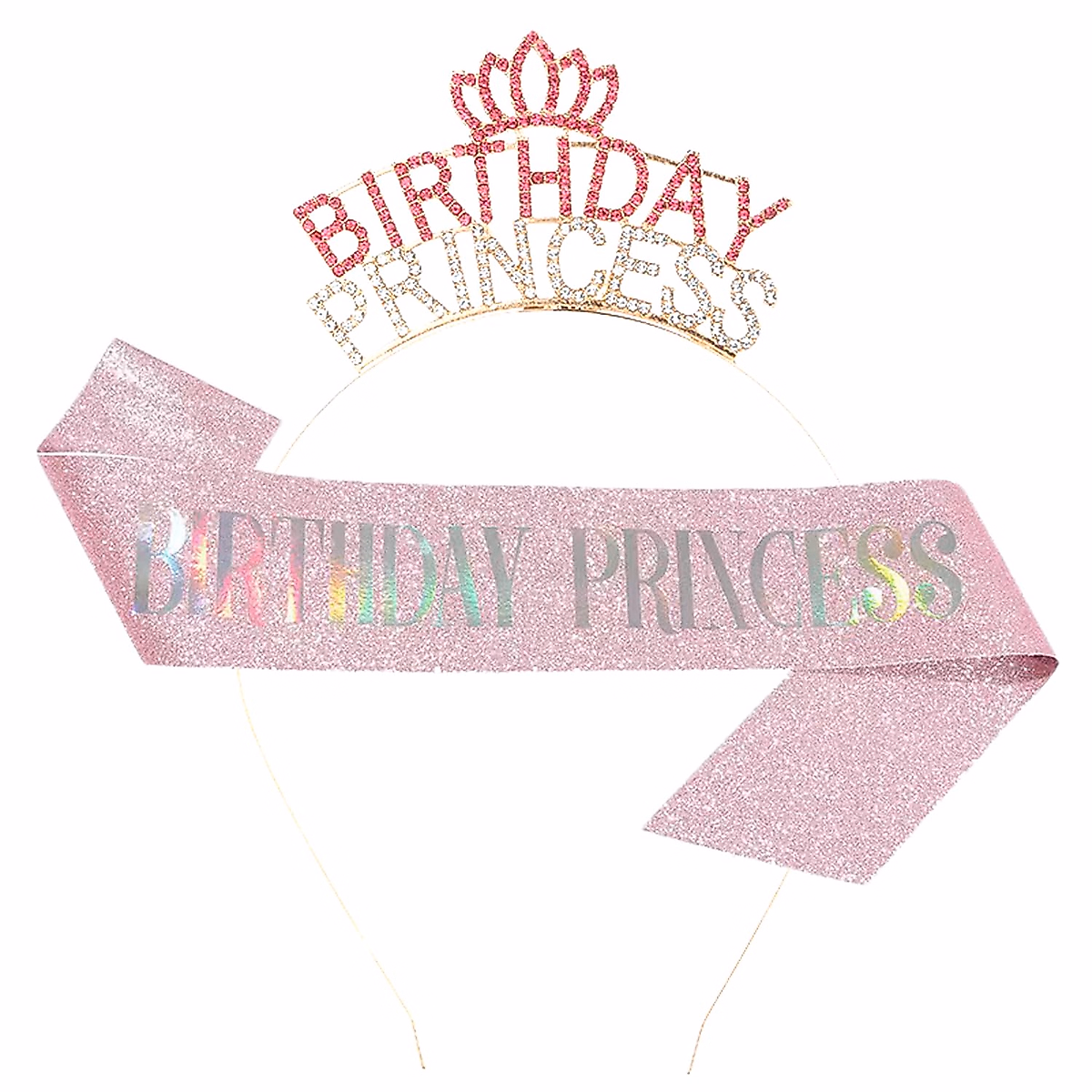 Birthday Princess Headband and Sash Set for Girls - Rhinestone Princess Tiara and Glitter Birthday Girl Crown - Perfect Birthday Gifts and Accessories for Women (Gold and Pink)