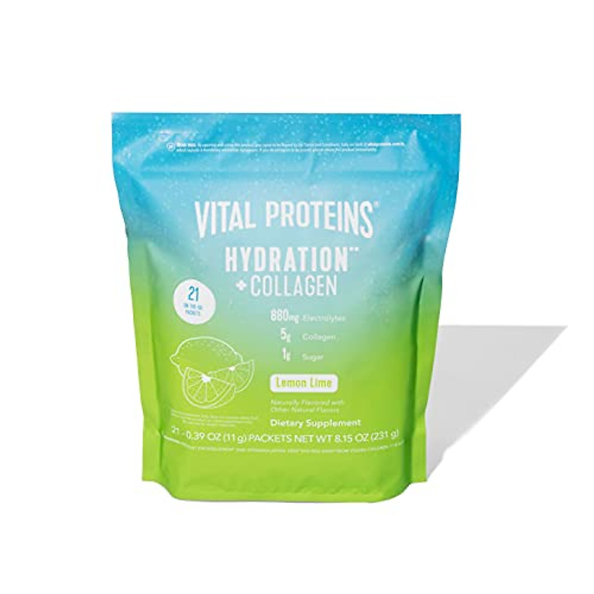 Vital Proteins Hydration + Collagen Powder Packets, Low Sodium Electrolyte Powder, Supplement Electrolyte Drink Mix, 1g Functional Sugar, 880mg Electrolytes, 100% DV Vitamin C - Lemon Lime, 21 Count