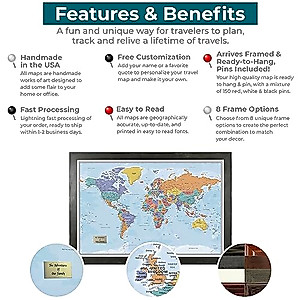 Personalized Push Pin World Travel Map with Rustic Black Frame and Pins - Blue Oceans - 27.5 inches x 39.5 inches