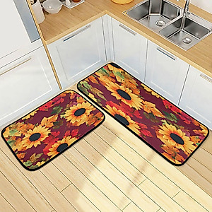 Vintage Summer Sunflowers Kitchen Mat Rugs Set of 2 Red Leaves Comfort Floor Runner Anti Fatigue Non Slid Cushioned Kitchen Carpet Rug for Living Room Laundry Hallway Home Decor