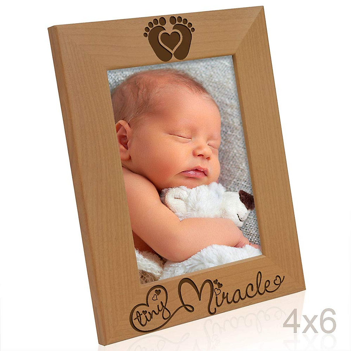 KATE POSH Tiny Miracle Engraved Natural Wood Picture Frame, New Baby Frame Gift, New Mom, New Dad, Newborn Baby Gift, Gender Reveal Gift (4x6 Vertical)