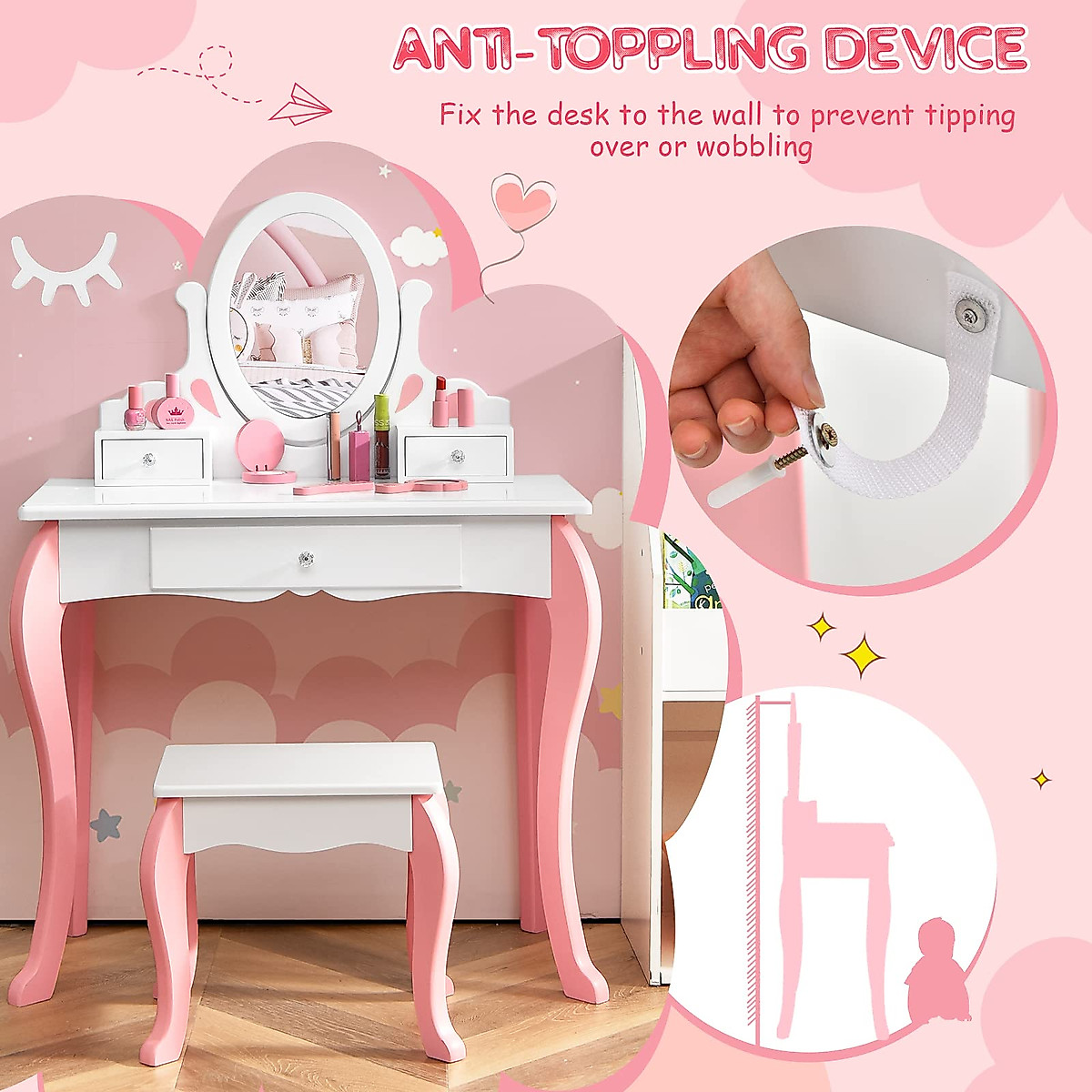 Costzon Kids Vanity Set with Mirror, 2 in 1 Princess Makeup Dressing Table w/Detachable Top, Toddler Vanity with 360° Rotating Mirror, Drawers & Stool, Pretend Play Vanity Set for Little Girls, White