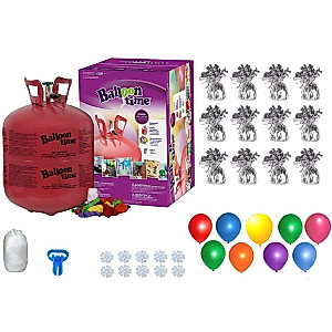 BLUE RIBBON, Helium Tank with 50 Balloons and White Ribbon + 12 Silver Balloon Weights + Plus Balloon Tying Tool and Flower Clips