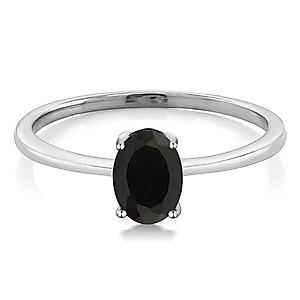 Gem Stone King 10K White Gold Black Onyx Solitaire Engagement Ring For Women (0.80 Cttw, Oval 7X5MM, Gemstone December Birthstone, Size 8)