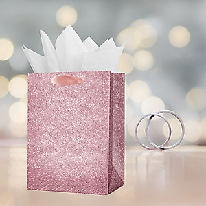 UNIQOOO 12Pcs Embossed Pink Glitter Gift Bags with 24 Tissue Paper Bulk, M 9x7 In, Rose Gold Gift Wrap Bags, Wedding Bridal Favor Bag Gift Packaging, For Christmas, Baby Shower Birthday Holiday Party