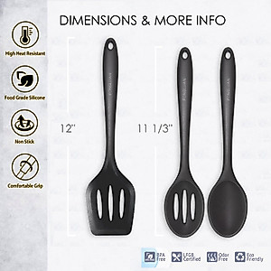 FONGLUAN Silicone Nonstick Utensils, Set of 3, Kitchen Utensils Set, Silicone Cooking Utensils Set, Turner/Spatula and Spoons - Heat Resistant, Nonstick Cookware, Dishwasher Safe, Black