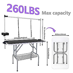 LEIBOU 45'' Professional Foldable Heavy Duty Dog Pet Grooming Table with Tool Holder H-Shape Arm & Noose & Mesh Tray, Maximum Capacity Up to 260lbs, Black