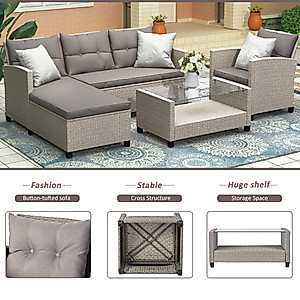 Merax 4 Piece Outdoor Patio Furniture Sets Conversation Set Wicker Ratten Sectional Sofa with Seat Cushions