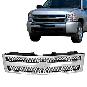 JustDrivably Replacement Parts Front Grille Grill Assembly With Chrome Frame Shell With Black Mesh Insert Compatible With Chevrolet 1500 Pickup Truck 2007 2008 2009 2010 2011 2012 2013