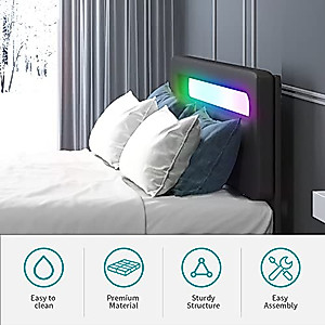 BALUS Queen Size Bed Frame with Smart LED Lights PVC Fabric Tufted Headboard Upholstered Platform Bed Frame with Storage Drawers - Black