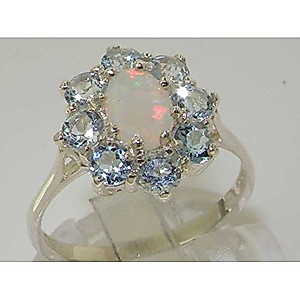 LetsBuyGold 925 Sterling Silver Real Genuine Opal and Aquamarine Womens Cluster Engagement Ring - Size 6