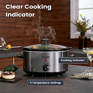 KOOC 4 Quart Slow Cooker, Free Liners Included for Easy Clean-up, 3 Temperature Settings, Dishwasher Safe Crock, Stainless Steel, GREY, Ellipse