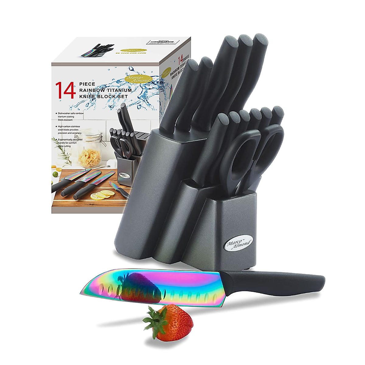 KYA25 Rainbow Color Knife Block Set + KYA52B 7 PCS Stainless Steel Cooking Utensils Sets with Titanium Plated + KYA59 Titanium Coated Stainless Steel Long Handle Spoons